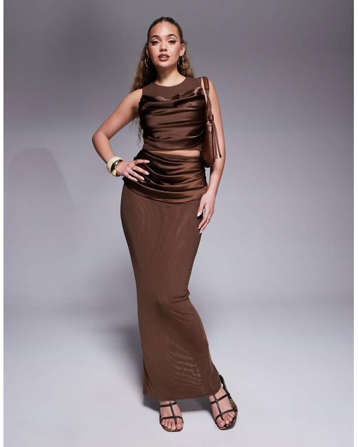 Wanderdoll Cole Ruched Mesh Top With Satin Drape Detail And Maxi Skirt ...