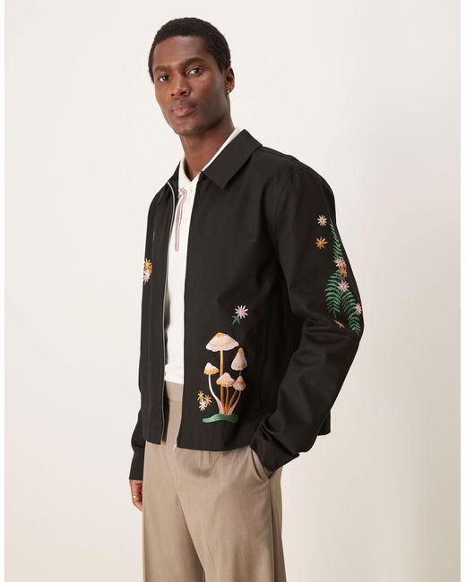 ASOS Oversized Harrington Jacket With Embroidery in Black for Men | Lyst
