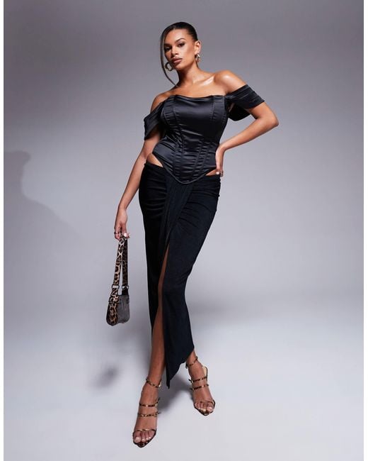 Taideux Fuller Bust Regina Satin Off Shoulder Boned Corset Top in Black ...