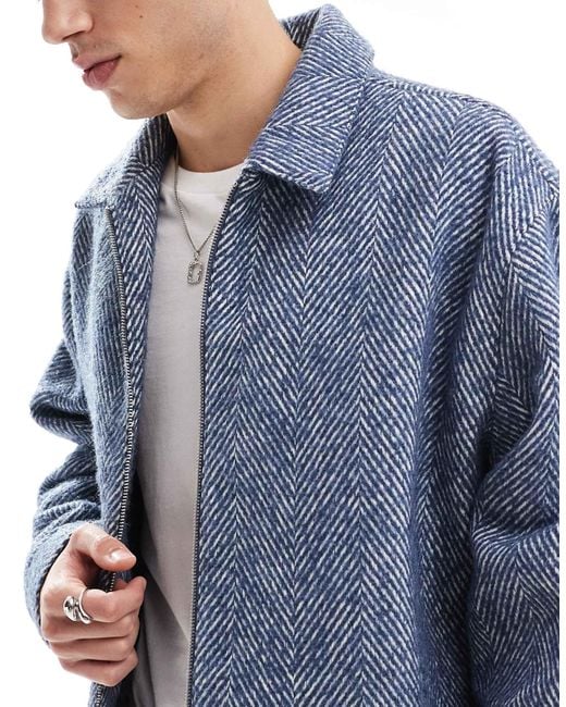 ASOS Oversized Wool Look Harrington Jacket With Herringbone in Blue for ...