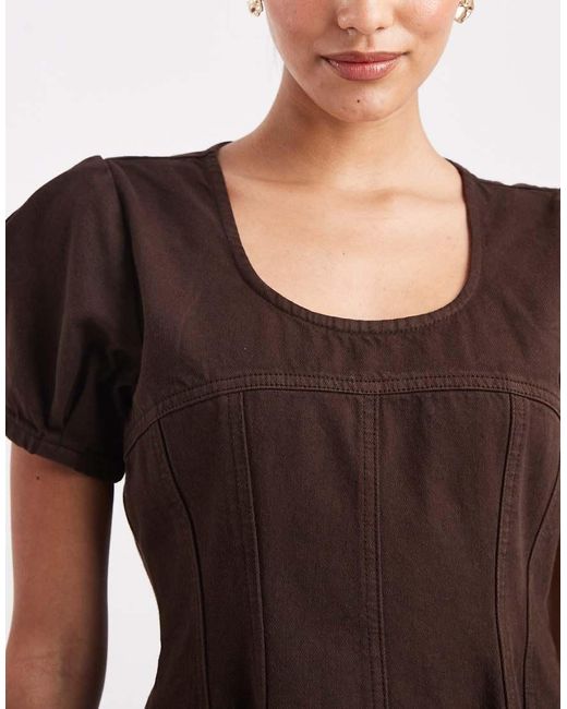 ASOS Denim Seamed Mini Dress in Brown | Lyst UK