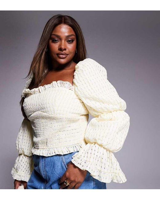 ASOS Curve Shirred Textured Gingham Puff Sleeve Top in Yellow | Lyst UK