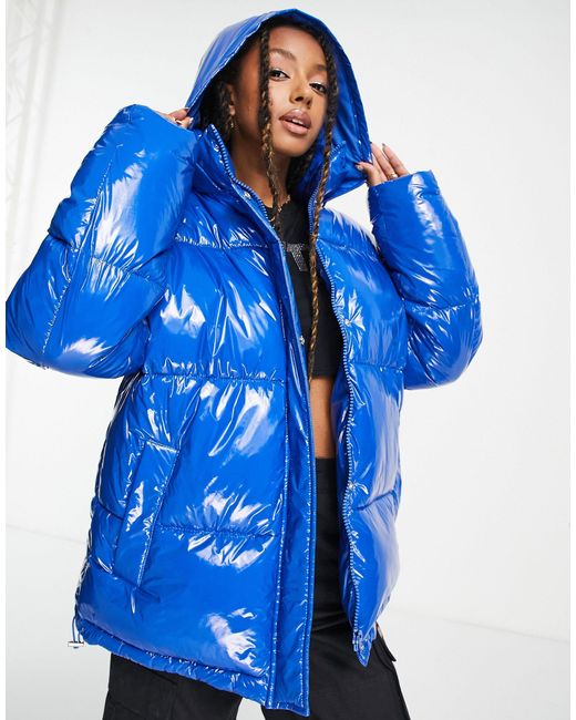 ASOS High Shine Puffer Jacket in Blue | Lyst UK