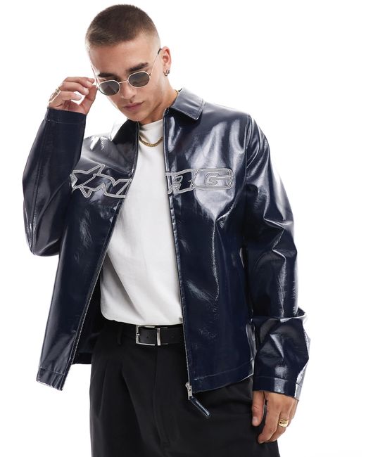 ASOS Faux Leather High Shine Harrington Jacket With Embroidery in Blue ...