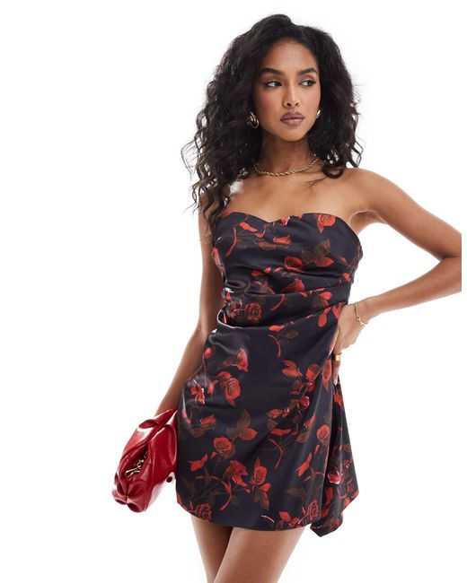 The Frolic Exclusive Heavy Satin Drape Detail Bandeau Mini Dress in Red ...
