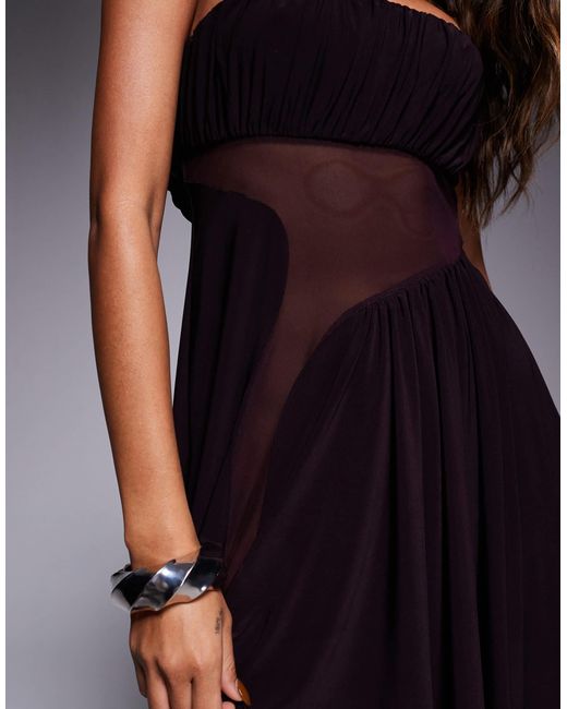 ASOS High-Low Ruched Bandeau Maxi Dress With Mesh Panels in Purple | Lyst