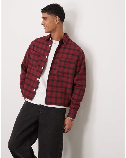 ASOS Oversized Boxy Flannel Shirt With Double Pocket in Red for Men | Lyst