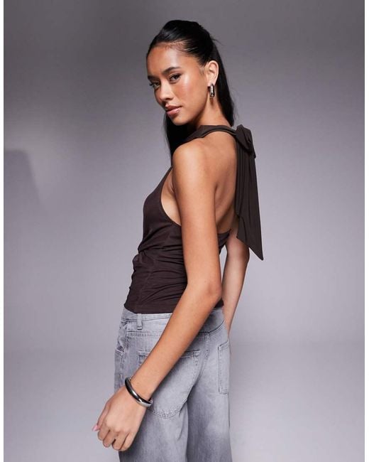 ASOS Mesh Layered Twist Detail Halter Top With Tie Back Neck in Brown ...