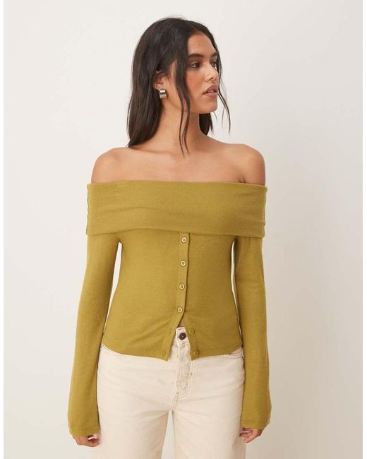 ASOS Off Shoulder Button Down Top in Yellow | Lyst UK