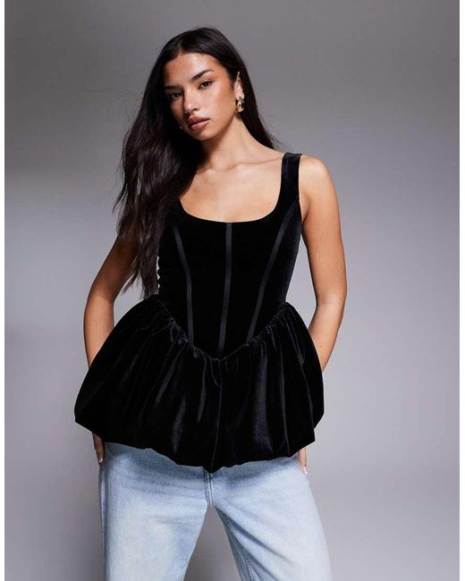 ASOS Velvet Peplum Bubble Top With Corset Detail in Black | Lyst UK