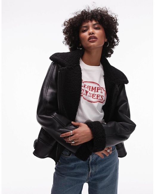TOPSHOP Shearling Aviator Jacket in Black | Lyst