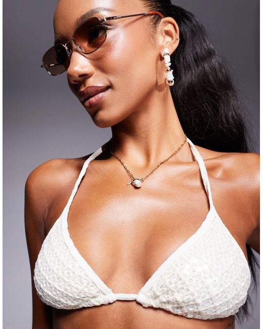 South Beach Sequin Crochet Triangle Bikini Top in Gray | Lyst