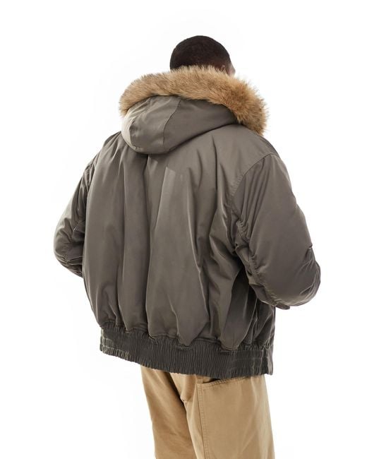 Weekday Padded Bomber Jacket With Faux Fur Hood in Gray for Men | Lyst