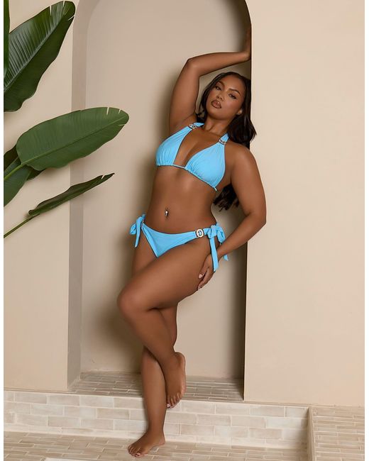 Moda Minx Curve X Bernadette Afia Tie Side Bikini Bottom With Gem Detail in Blue | Lyst