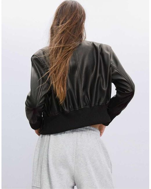 Stradivarius Leather Effect Bomber Jacket With Shoulder Pads in White | Lyst UK