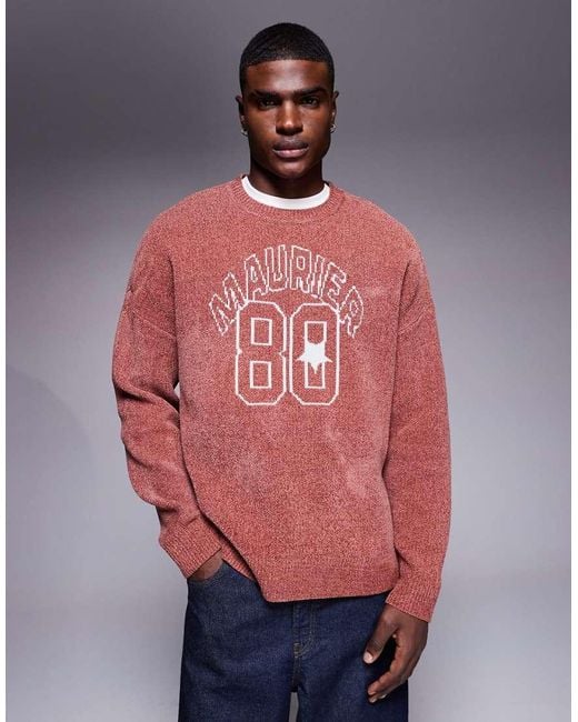 ASOS Oversized Chenille Knitted Jumper With Maurier 80 Graphics in Red ...