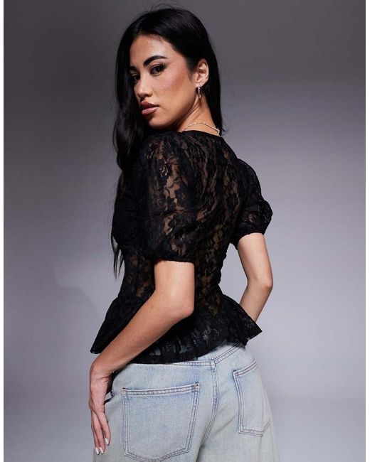 ASOS Lace Puff Sleeve Seam Detail Top in Black | Lyst UK
