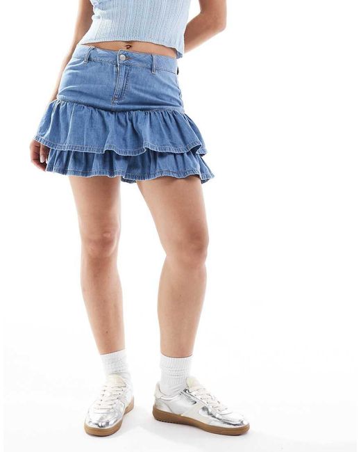 ASOS Denim Mini Skirt With Ruffle Hem in Blue | Lyst UK