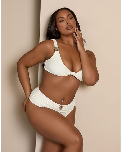 Moda Minx Curve X Bernadette Afia Ruched Bikini Bottom With Gem Detail in Brown | Lyst
