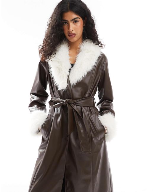 ASOS Faux Fur Collar And Cuff Longline Leather Look Coat in Natural | Lyst