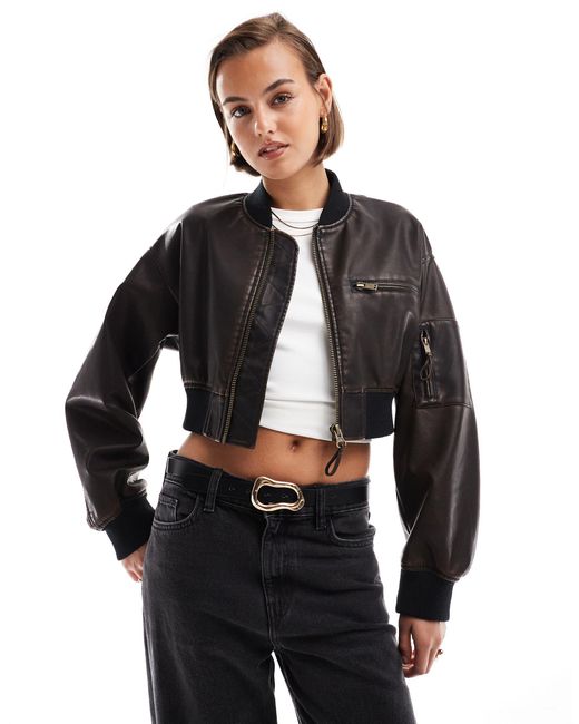 ASOS Washed Cropped Leather Look Bomber Jacket in Black | Lyst