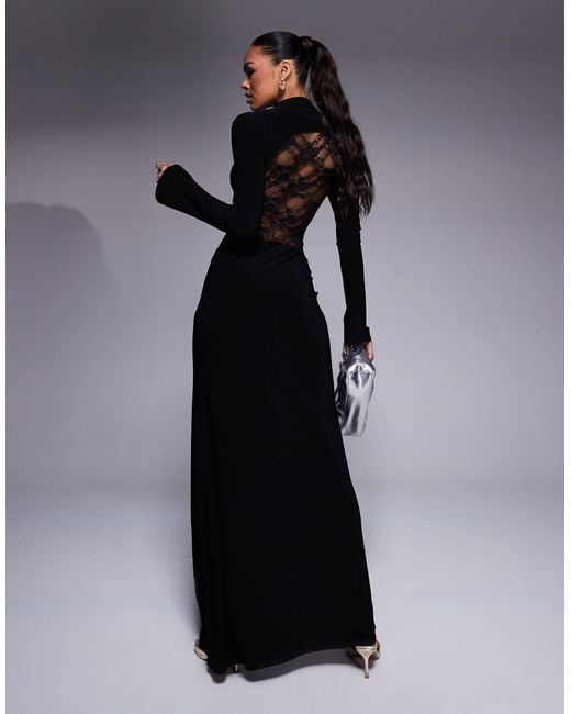 ASOS Long Sleeve High Neck Maxi Dress With Seamed Lace Panels in Blue ...