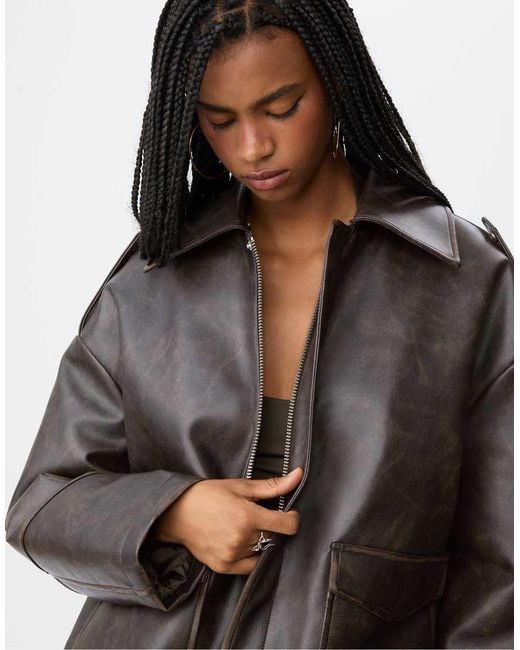 Stradivarius Oversize Contrast Leather Effect Jacket in Brown | Lyst UK