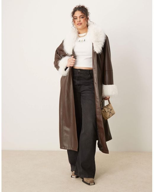ASOS Asos Design Curve Faux Fur Collar And Cuff Longline Leather Look Coat in Natural | Lyst
