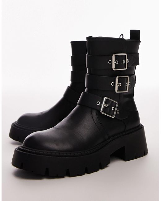TOPSHOP Luke Chunky Biker Boots With Buckle Detail in Black | Lyst