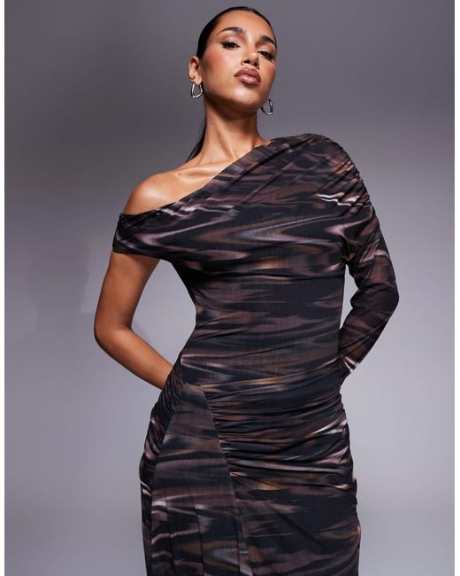 ASOS Mesh One Sleeve Asymmetric Draped Maxi Dress With Tie | Lyst