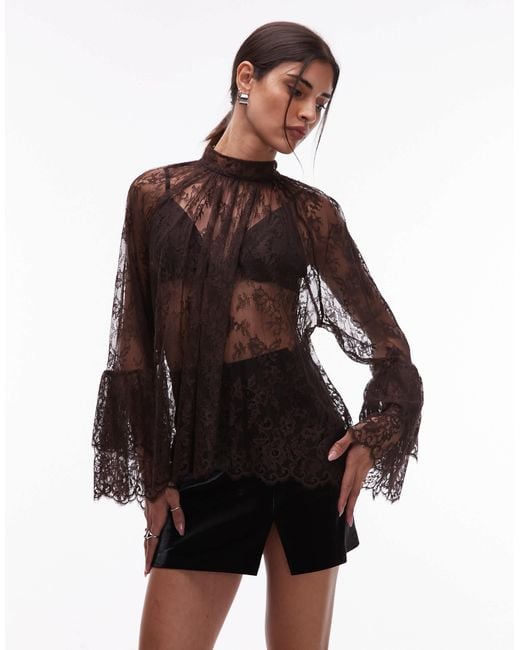 & Other Stories Sheer Lace Blouse With Tiered Ruffle Sleeves in Brown ...