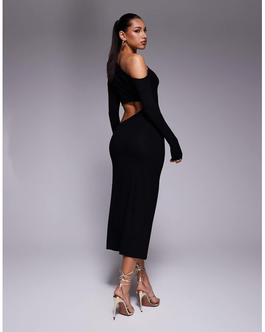 ASOS Fallen Shoulder Long Sleeve Ruched Cut Out Midi Dress in Blue | Lyst