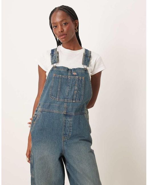 Dickies Mechanic Wide Leg Denim Dungarees in Blue | Lyst UK