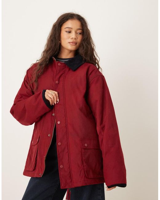 House Of Sunny Waxed Rain Jacket With Contrast Collar in Red | Lyst UK