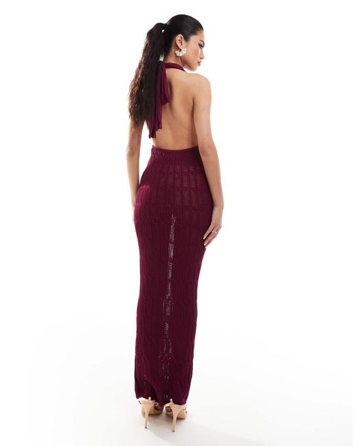 Murci Halterneck Honeycomb Knit Cut Out Maxi Dress in Red | Lyst