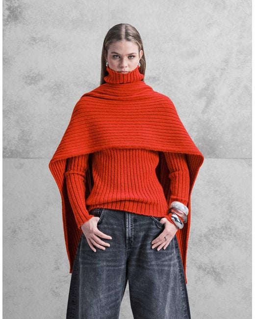 ASOS Knitted Funnel Neck Jumper With Re-Attachable Scarf in Red | Lyst UK
