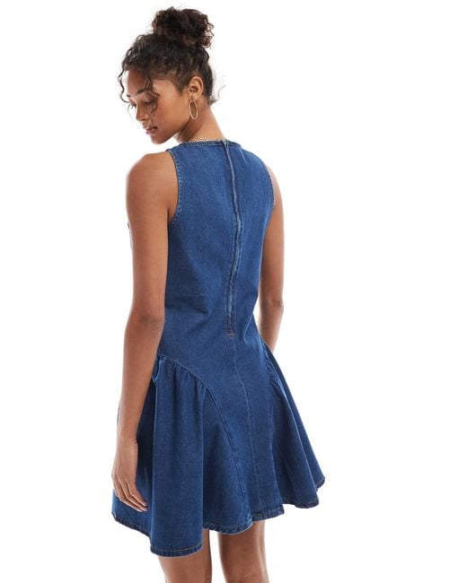 ASOS Denim Mini Dress With Gathered Hip Panels in Blue | Lyst