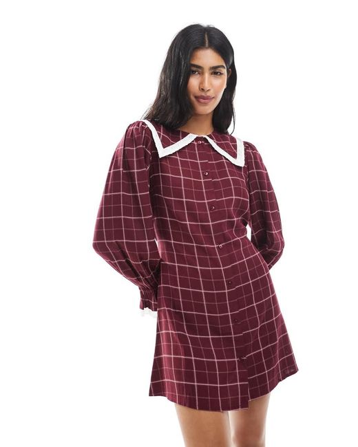 Wednesday's Girl Grid Check Collar Detail Mini Dress in Red | Lyst UK