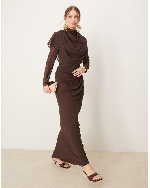 ASOS Draped Long Sleeve Maxi Dress in Brown | Lyst