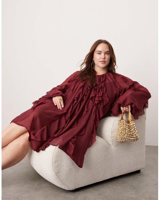 ASOS Curve Raw Edge Ruffle Mini Dress With Balloon Sleeve in Brown | Lyst