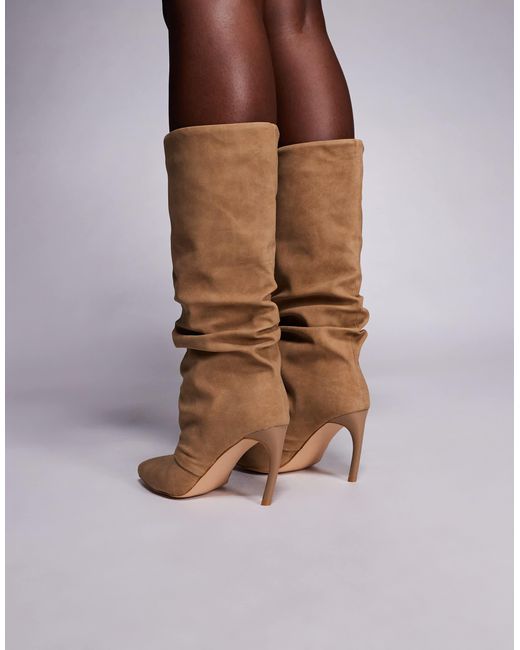 SIMMI Simmi London Miguel Curved Heel Ruched Knee Boots in Natural | Lyst