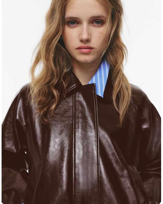 Pull&Bear Faux Vinyl Bomber Jacket in Blue | Lyst UK