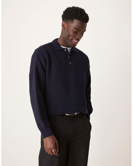 ASOS Oversized Boxy Fit Ribbed Knitted Polo in Blue for Men | Lyst