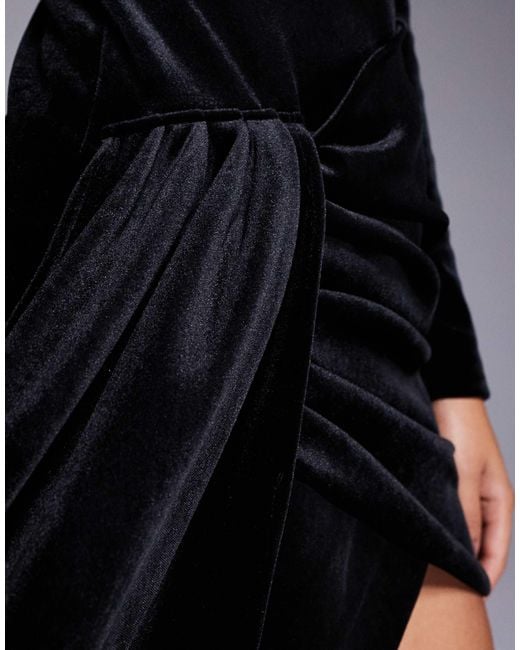ASOS Velvet Bow Detailed Draped Mini Dress in Black | Lyst