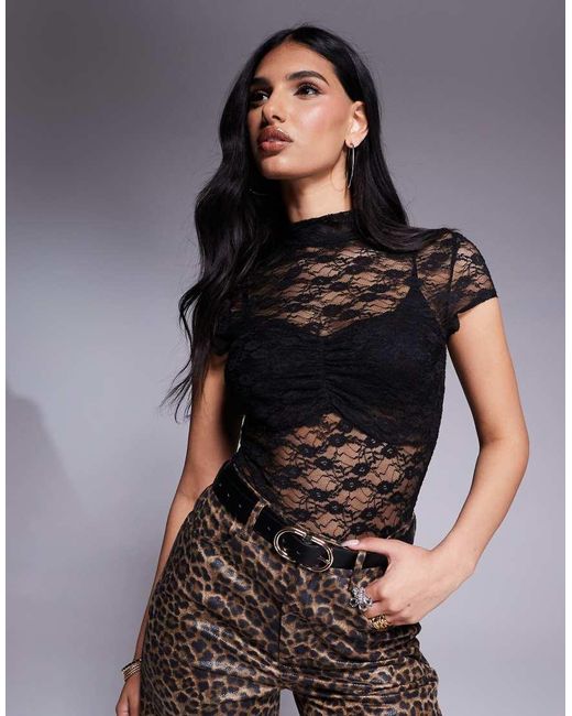 ASOS Short Sleeve Lace Bodysuit With Ruched Centre in Black | Lyst UK