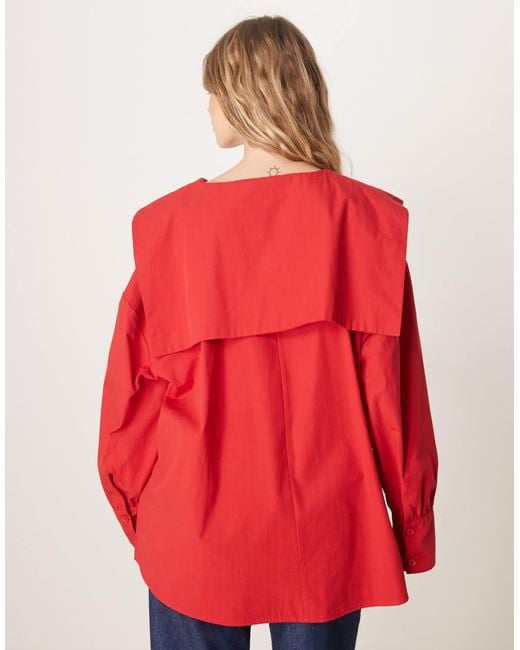 ASOS Poplin Oversized Tie Front Collar Blouse in Red | Lyst