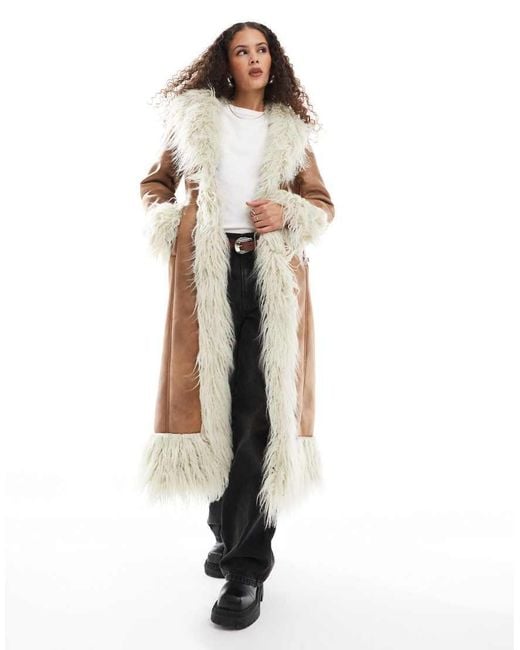 Urbancode Faux Fur Edged Maxi Coat in White | Lyst UK