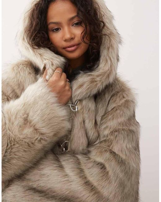 The Ragged Priest Faux Fur Coat With Hood in Natural | Lyst UK