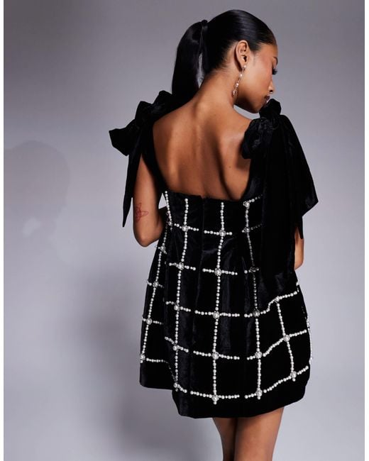 ASOS Velvet Pearl Embellished Caged Mini Dress With Bow Straps in Black | Lyst