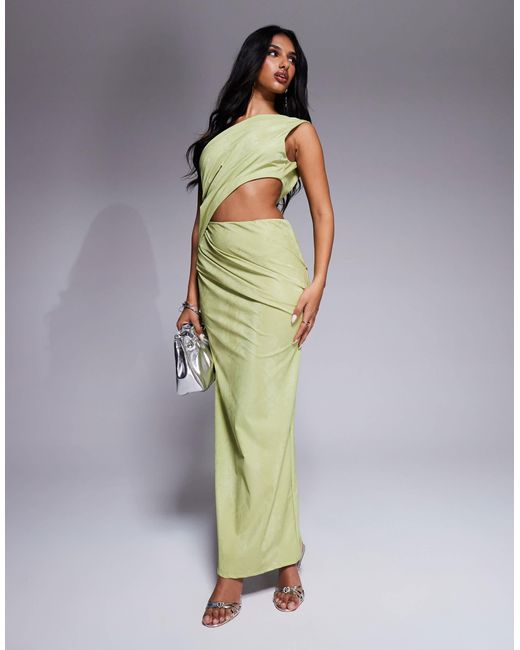 ASOS Faux Leather One Shoulder Midi Dress With Side Cut Out in Green | Lyst